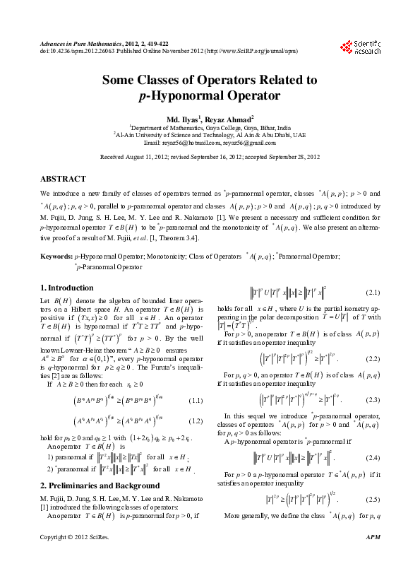 (PDF) Some Classes of Operators Related to p-Hyponormal Operator