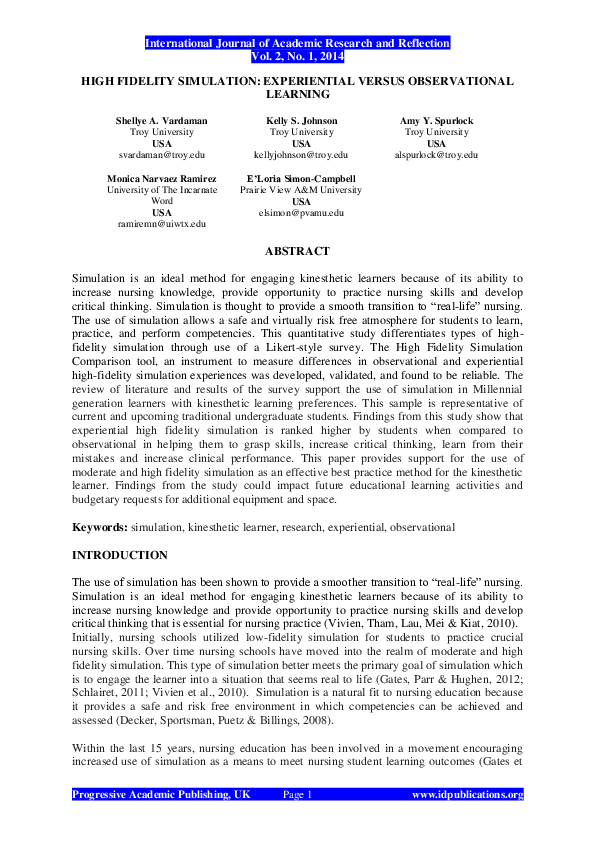 (PDF) HIGH FIDELITY SIMULATION: EXPERIENTIAL VERSUS OBSERVATIONAL LEARNING