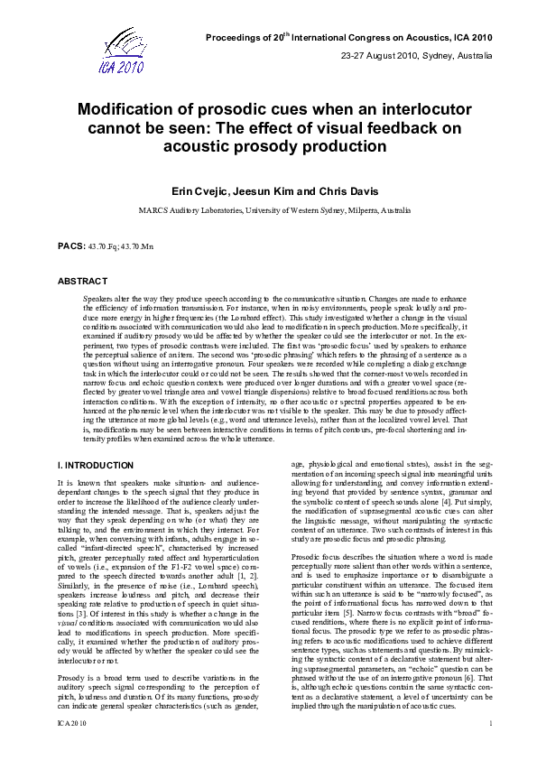 (PDF) Modification of prosodic cues when an interlocutor cannot be seen ...