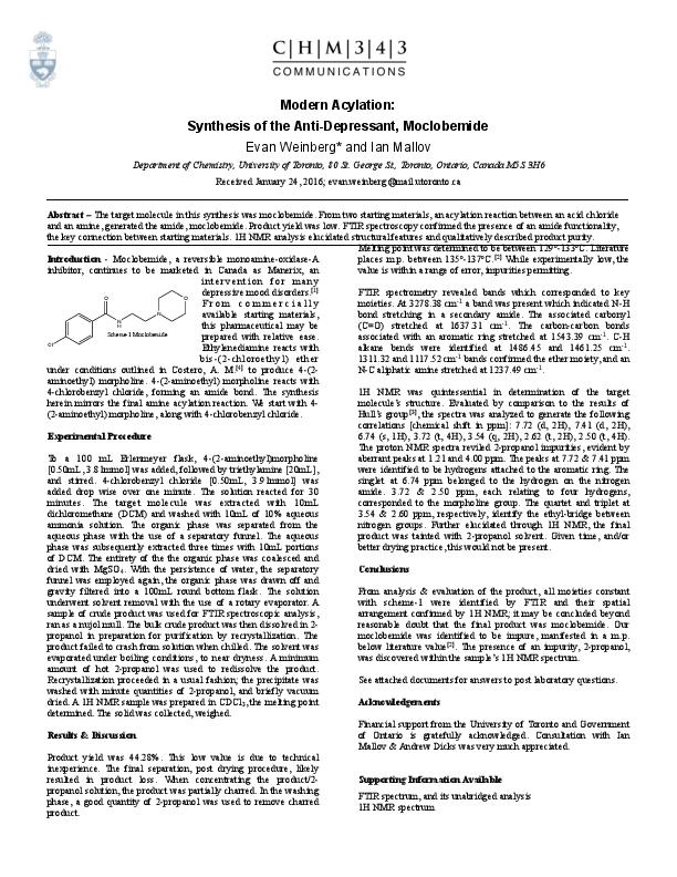 (PDF) Synthesis of the Anti-Depressant, Moclobemide