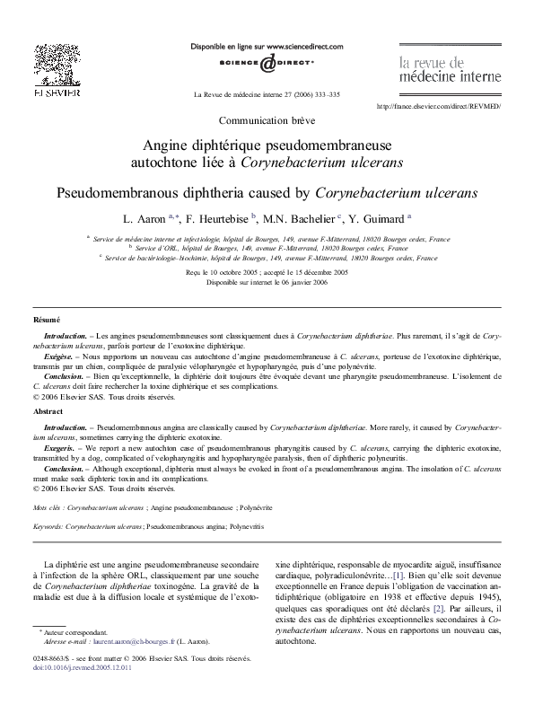 (PDF) Angine diphtérique pseudomembraneuse autochtone liée à ...