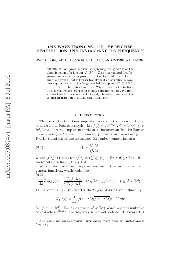 Pdf The Wave Front Set Of The Wigner Distribution And Instantaneous Frequency 9631