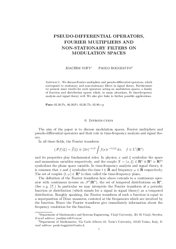(PDF) Pseudo-Differential Operators, Fourier Multipliers and Non-stationary Filters on ...