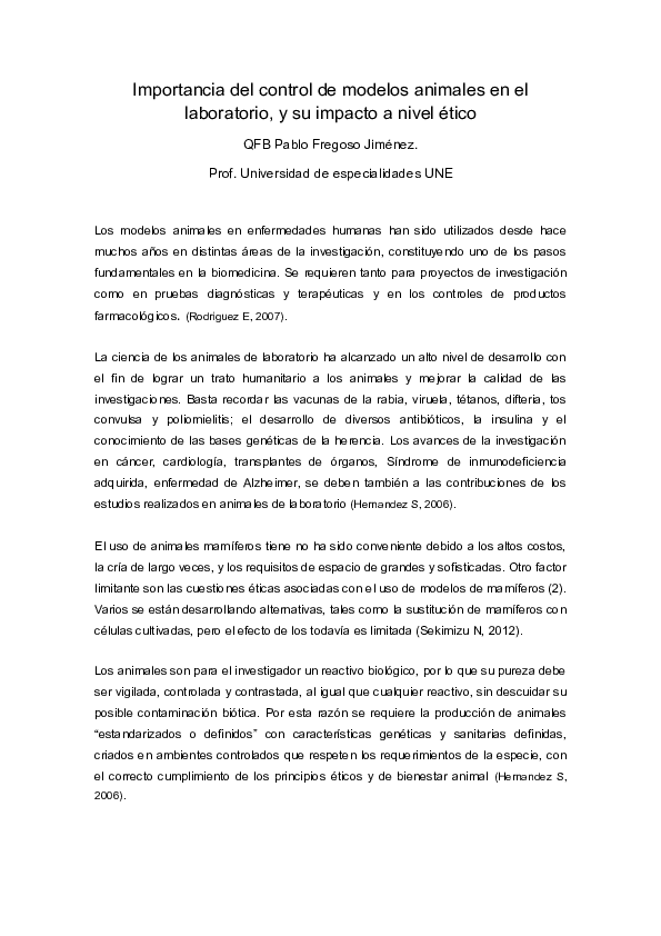 (DOC) Importancia del control de modelos animales en el laboratorio