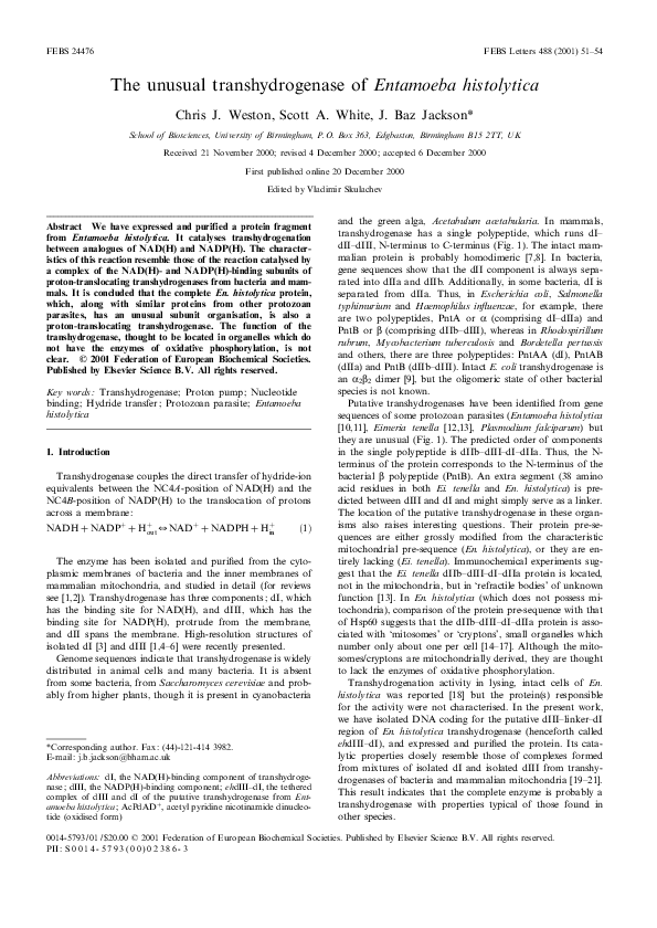 (PDF) The unusual transhydrogenase of Entamoeba histolytica