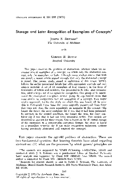 (PDF) Storage and later recognition of exemplars of concepts*1 | Gordon ...