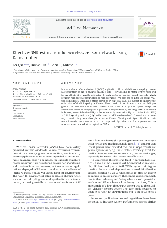 Pdf Effective Snr Estimation For Wireless Sensor Network Using Kalman