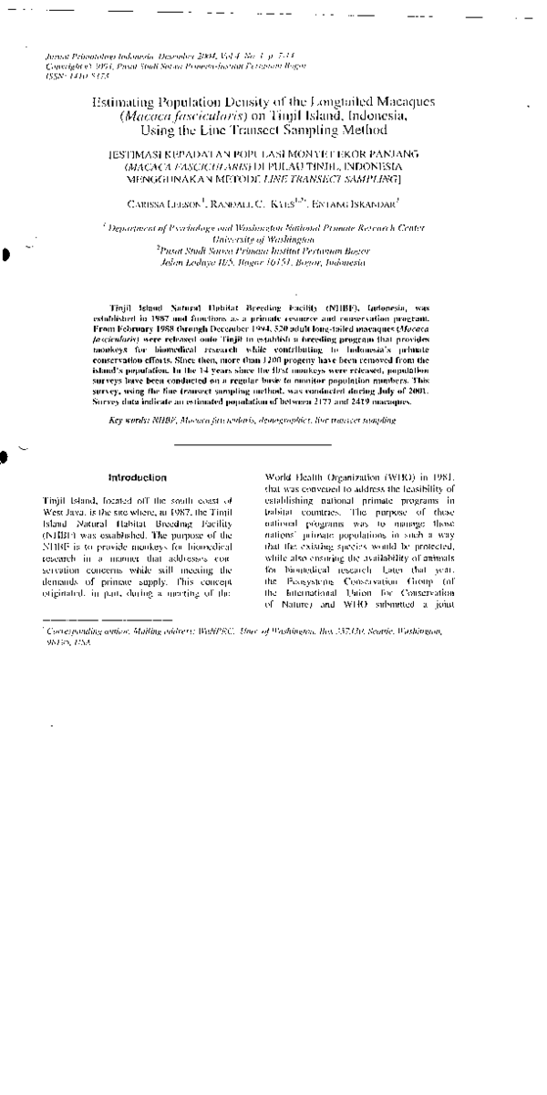 (PDF) Estimation Population Density of the Longtailed Macaques (Macaca fascicularis) on Tinjil ...