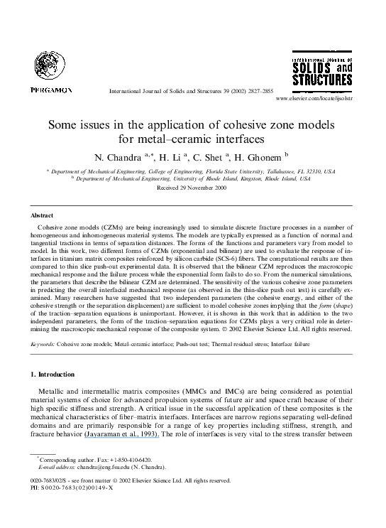 (PDF) Some issues in the application of cohesive zone models for metal–ceramic interfaces