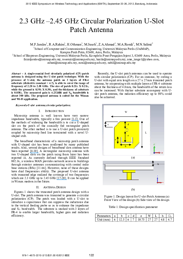 (PDF) 2.3 GHz – 2.45 GHz circular polarization U-slot patch antenna
