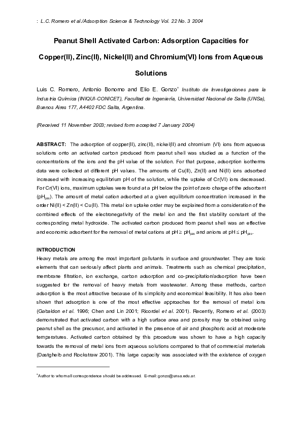 Peanut Shell Activated Carbon: Adsorption Capacities for Copper(II), Zinc(II), Nickel(II) and ...