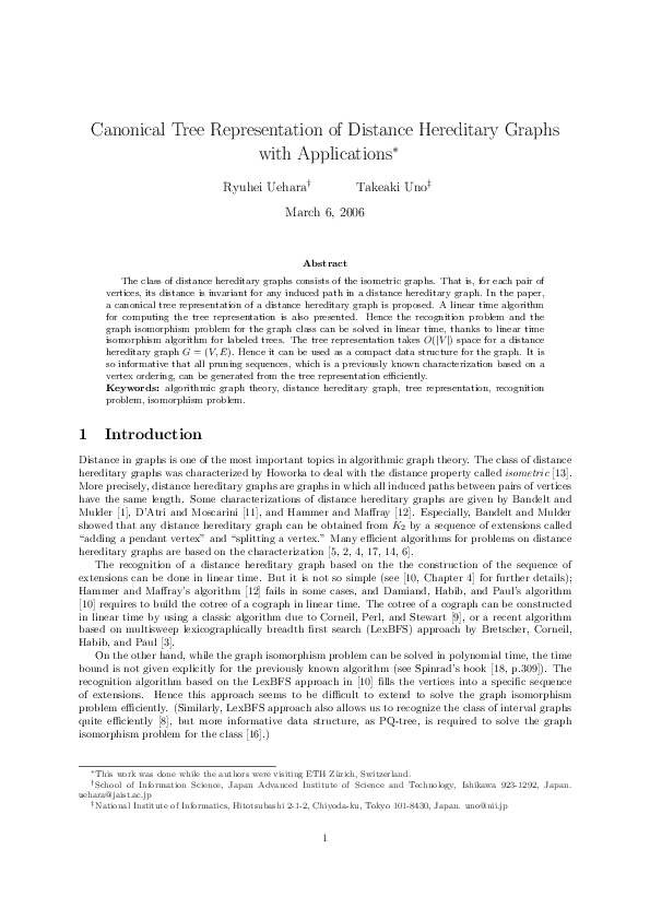 (PDF) Canonical Tree Representation of Distance Hereditary Graphs with Applications
