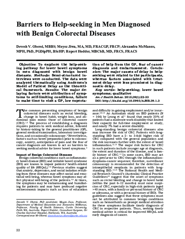(PDF) Barriers to Help-seeking in Men Diagnosed with Benign Colorectal ...