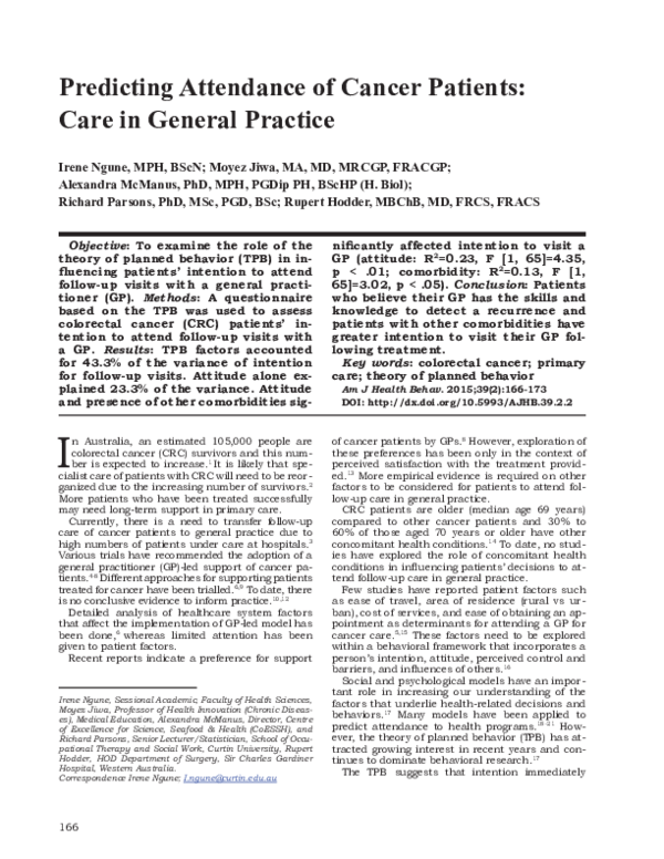 (PDF) Predicting General Practice Attendance for Follow-up Cancer Care ...