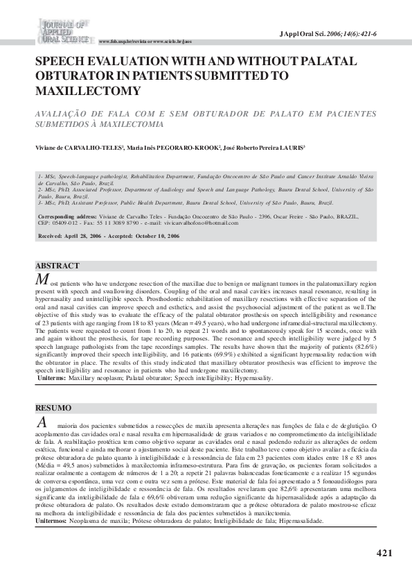 Pdf Speech Evaluation With And Without Palatal Obturator In Patients