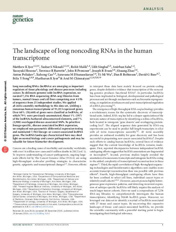 (PDF) The landscape of long noncoding RNAs in the human transcriptome ...