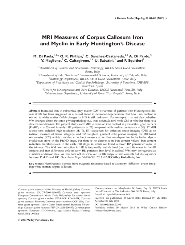 (PDF) MRI measures of corpus callosum iron and myelin in early ...