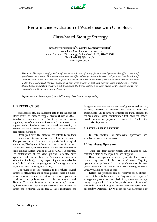 Pdf Performance Evaluation Of Warehouse With One Block Class Based Storage Strategy