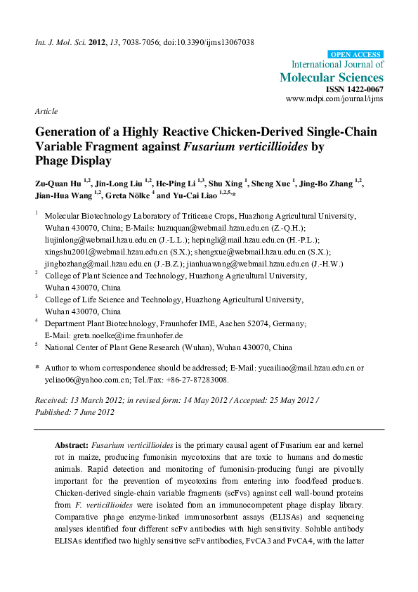 (PDF) Generation of a Highly Reactive Chicken-Derived Single-Chain Variable Fragment against ...