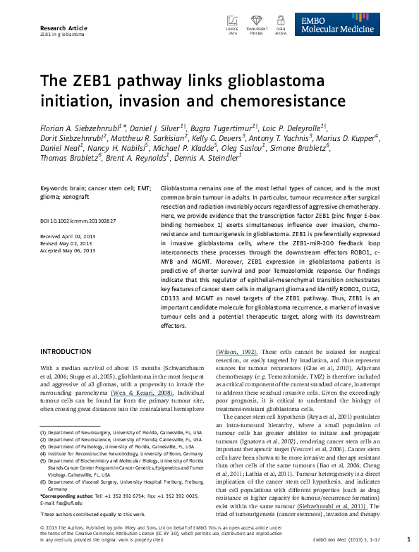 (PDF) The ZEB1 pathway links glioblastoma initiation, invasion and ...