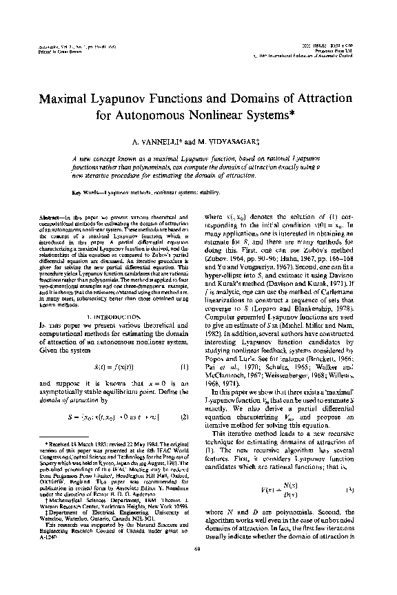 Pdf Maximal Lyapunov Functions And Domains Of Attraction For Autonomous Nonlinear Systems