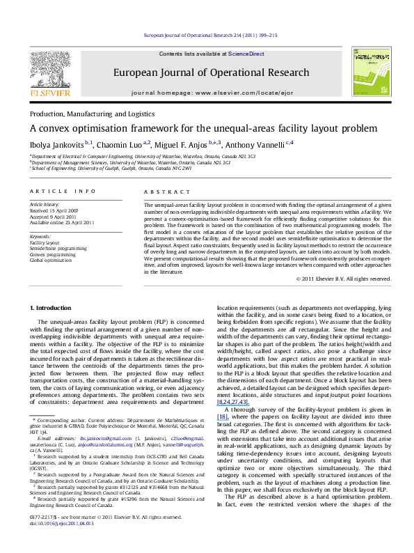 Pdf A Convex Optimisation Framework For The Unequal Areas Facility Layout Problem Anthony