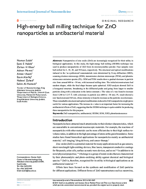 (PDF) High-energy ball milling technique for ZnO nanoparticles as ...