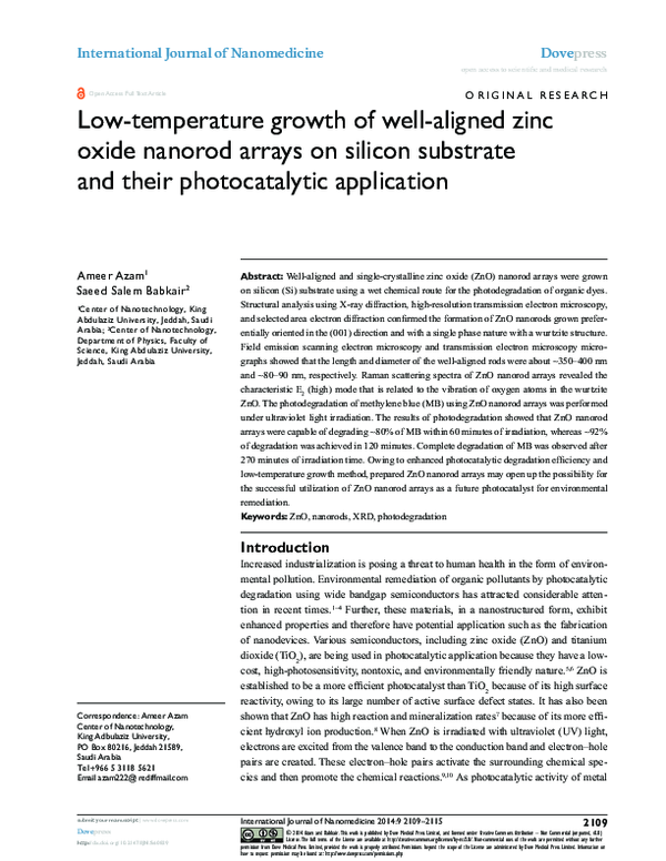 (PDF) Low-temperature growth of well-aligned zinc oxide nanorod arrays on silicon substrate and ...