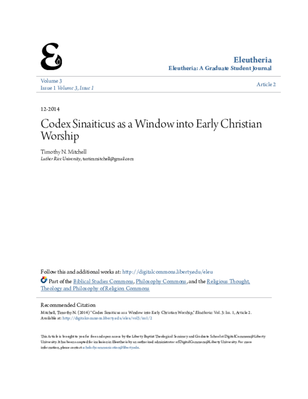 (PDF) "Codex Sinaiticus as a Window into Early Christian Worship," in ...