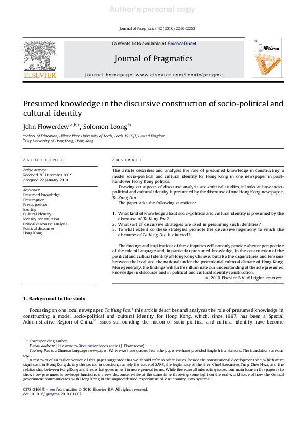 (PDF) Presumed knowledge in the discursive construction of socio ...