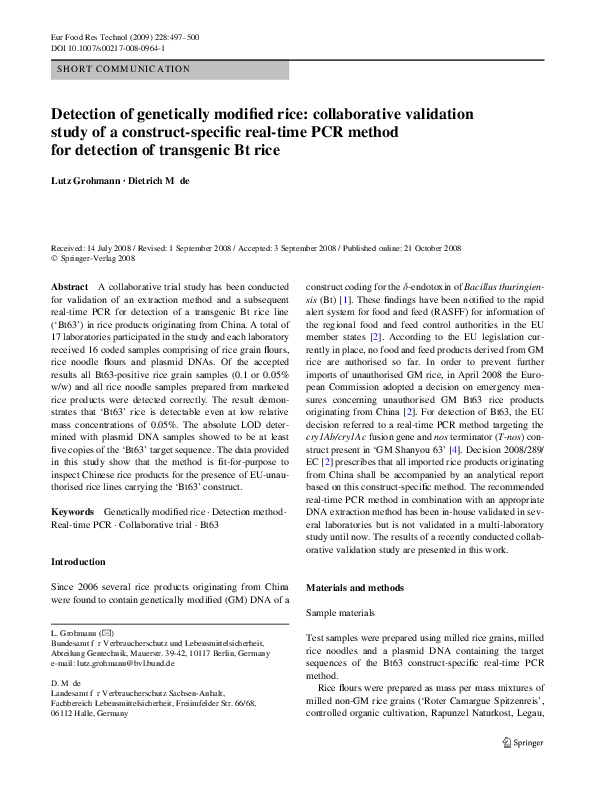 (PDF) Detection of genetically modified rice: collaborative validation study of a construct ...