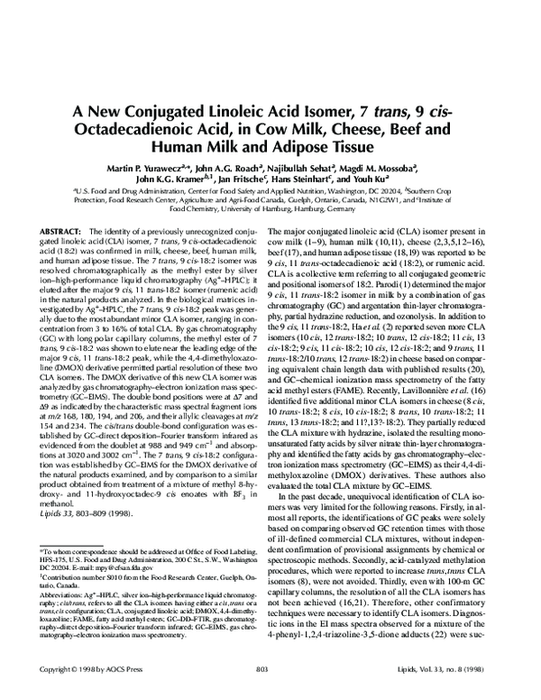 (PDF) A new conjugated linoleic acid isomer, 7 trans, 9 cis-octadecadienoic acid, in cow milk ...