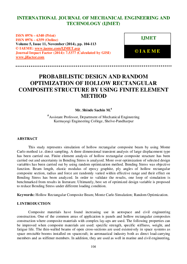 (PDF) PROBABILISTIC DESIGN AND RANDOM OPTIMIZATION OF HOLLOW RECTANGULAR COMPOSITE STRUCTURE BY ...