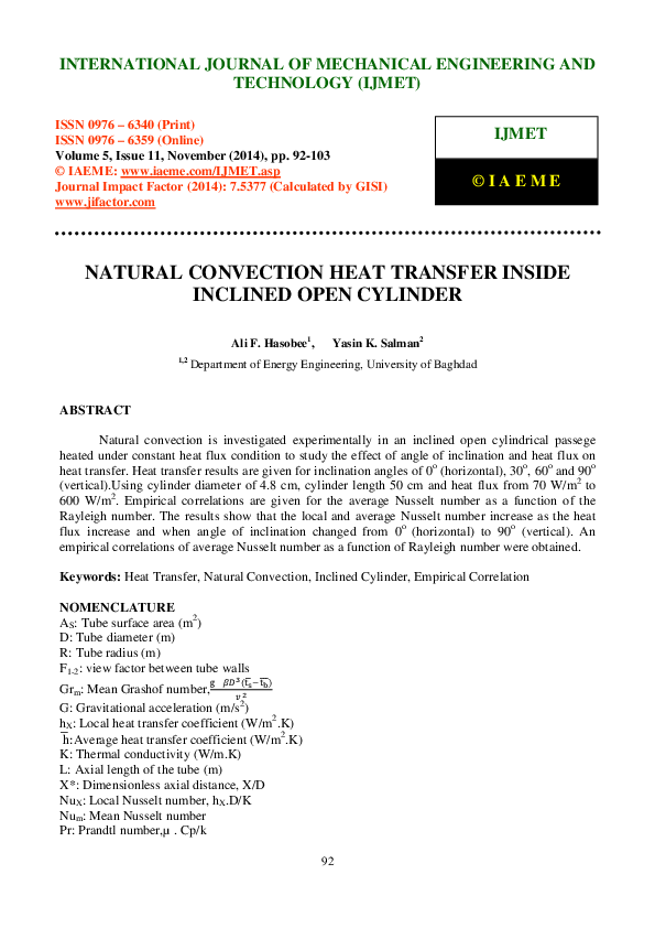 (PDF) NATURAL CONVECTION HEAT TRANSFER INSIDE INCLINED OPEN CYLINDER