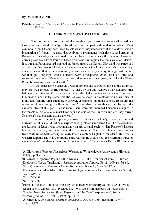 The Origins of Sventovit of Rügen