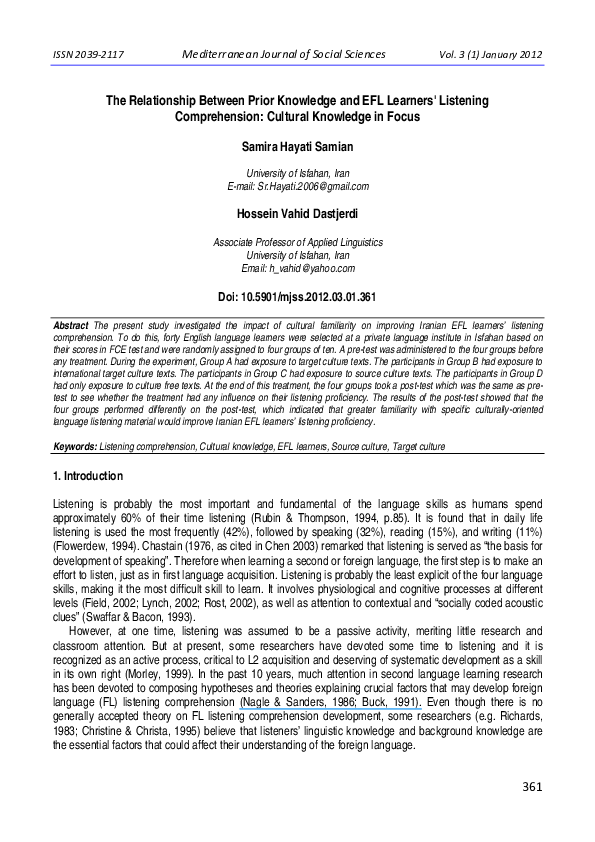 (PDF) The Relationship Between Prior Knowledge and EFL Learners' Listening Comprehension ...