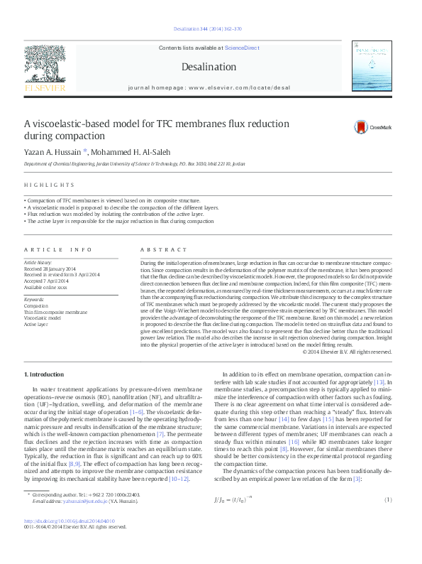 (PDF) A viscoelastic-based model for TFC membranes flux reduction ...