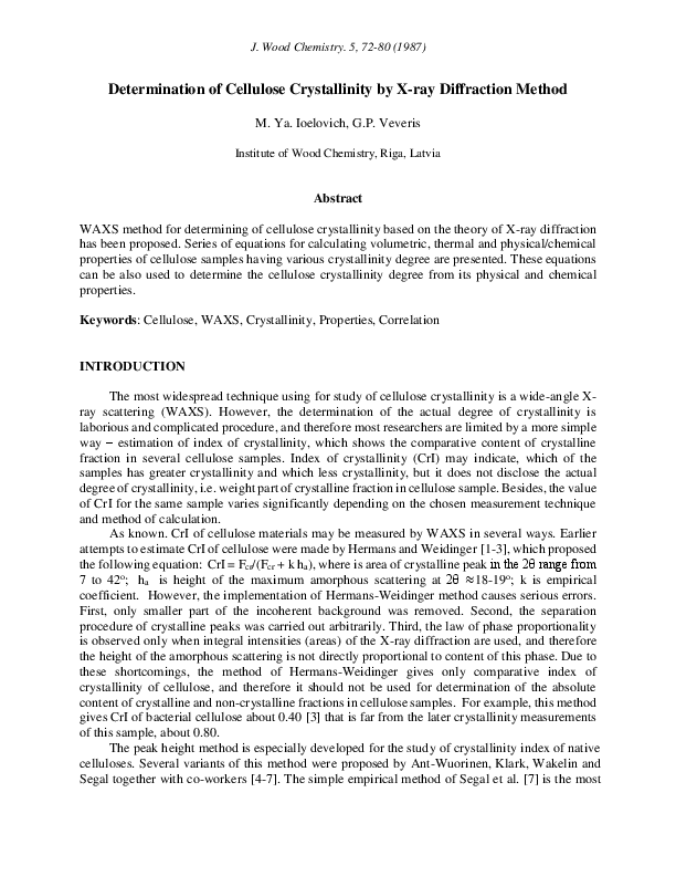 (PDF) Determination of Cellulose Crystallinity by X-ray Diffraction Method