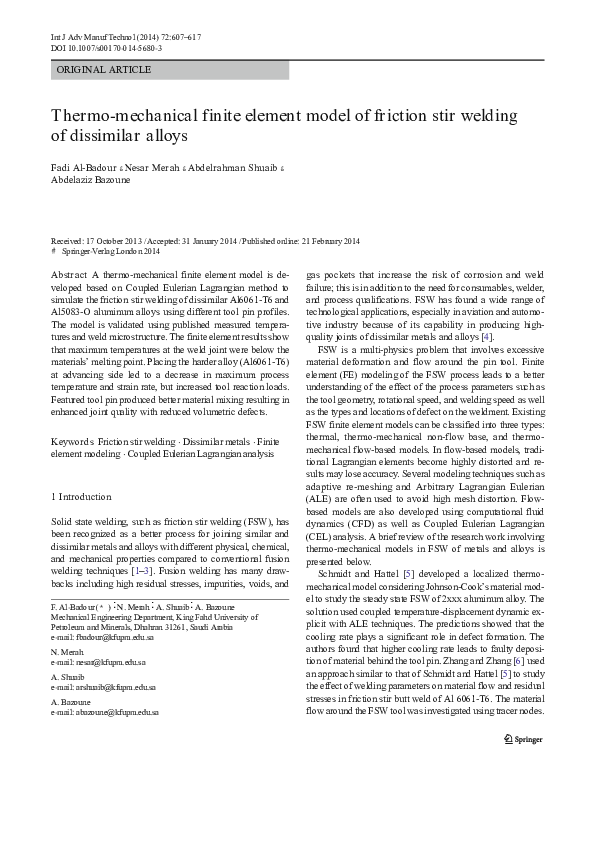 (PDF) Thermo-mechanical finite element model of friction stir welding of dissimilar alloys