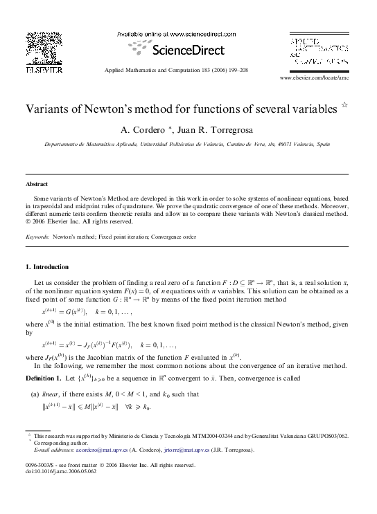 (PDF) Variants of Newton’s method for functions of several variables