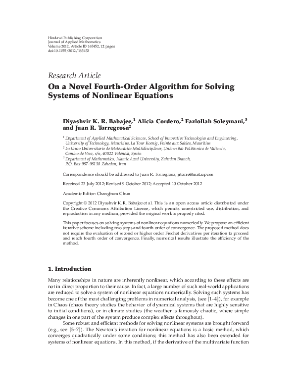 Pdf On A Novel Fourth Order Algorithm For Solving Systems Of Nonlinear Equations