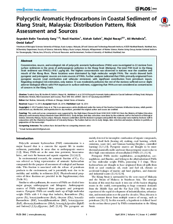 (PDF) Polycyclic Aromatic Hydrocarbons in Coastal Sediment of Klang Strait, Malaysia ...
