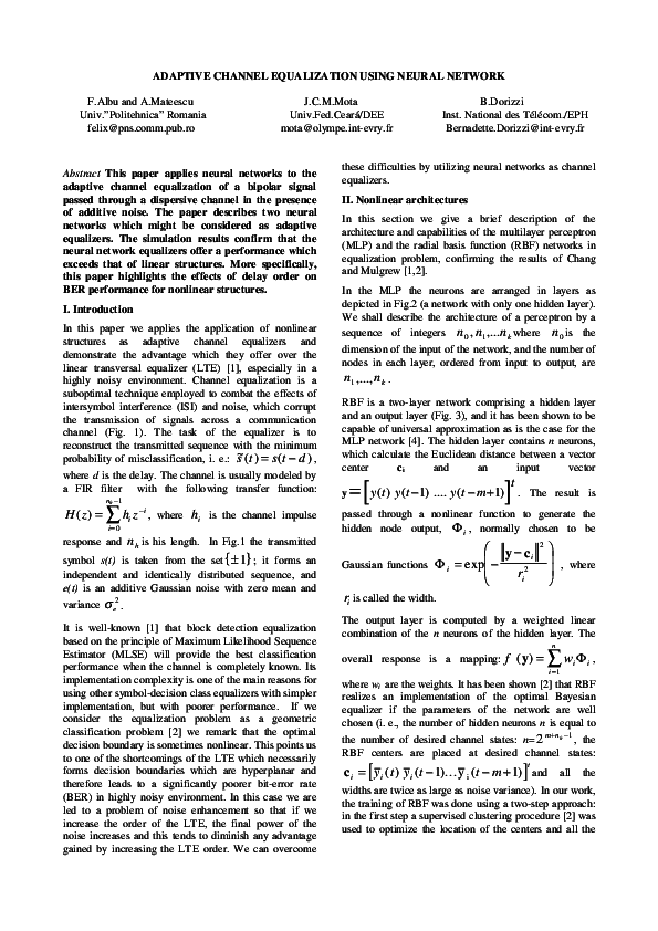 (PDF) Adaptive channel equalization using neural network