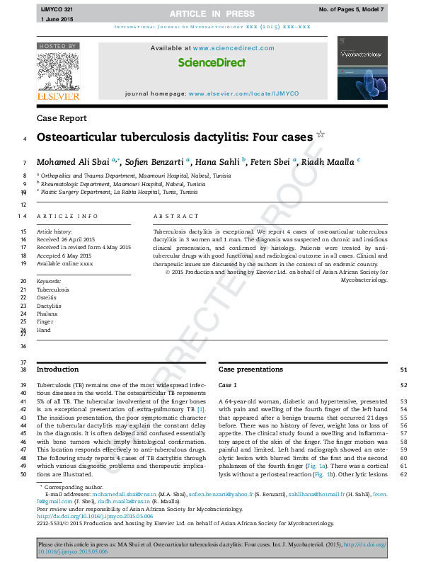 (PDF) Osteoarticular tuberculosis dactylitis: Four cases