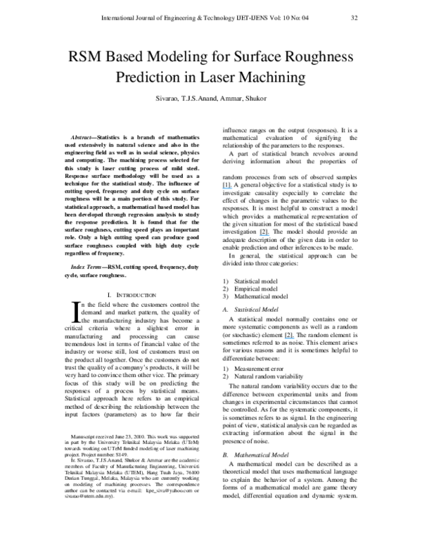 Pdf Rsm Based Modeling For Surface Roughness Prediction In Laser Machining