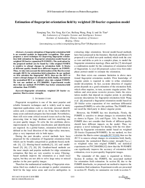Pdf Estimation Of Fingerprint Orientation Field By Weighted 2d Fourier Expansion Model Sri