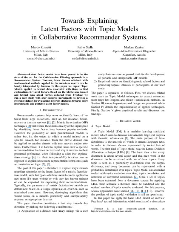 Pdf Towards Explaining Latent Factors With Topic Models In Collaborative Recommender Systems