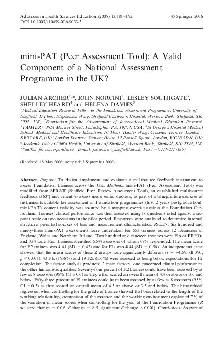 (PDF) mini-PAT (Peer Assessment Tool): A Valid Component of a National ...