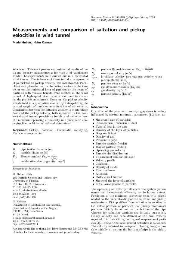 (PDF) Measurements and comparison of saltation and pickup velocities in ...
