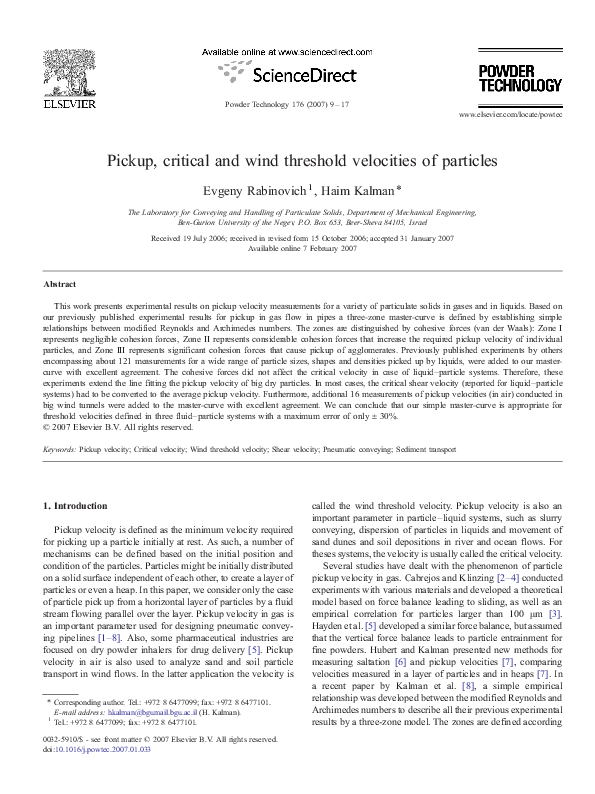 (PDF) Pickup, critical and wind threshold velocities of particles